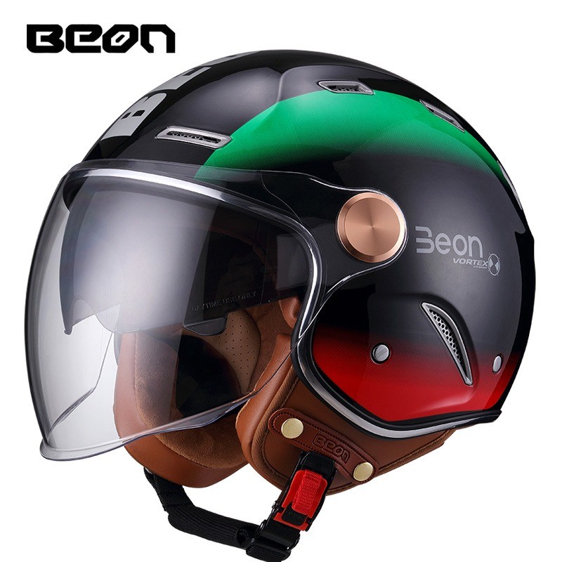 BEON Open Face Motorcycle Helmet Double Lens Retro 3/4 Helmets with ...