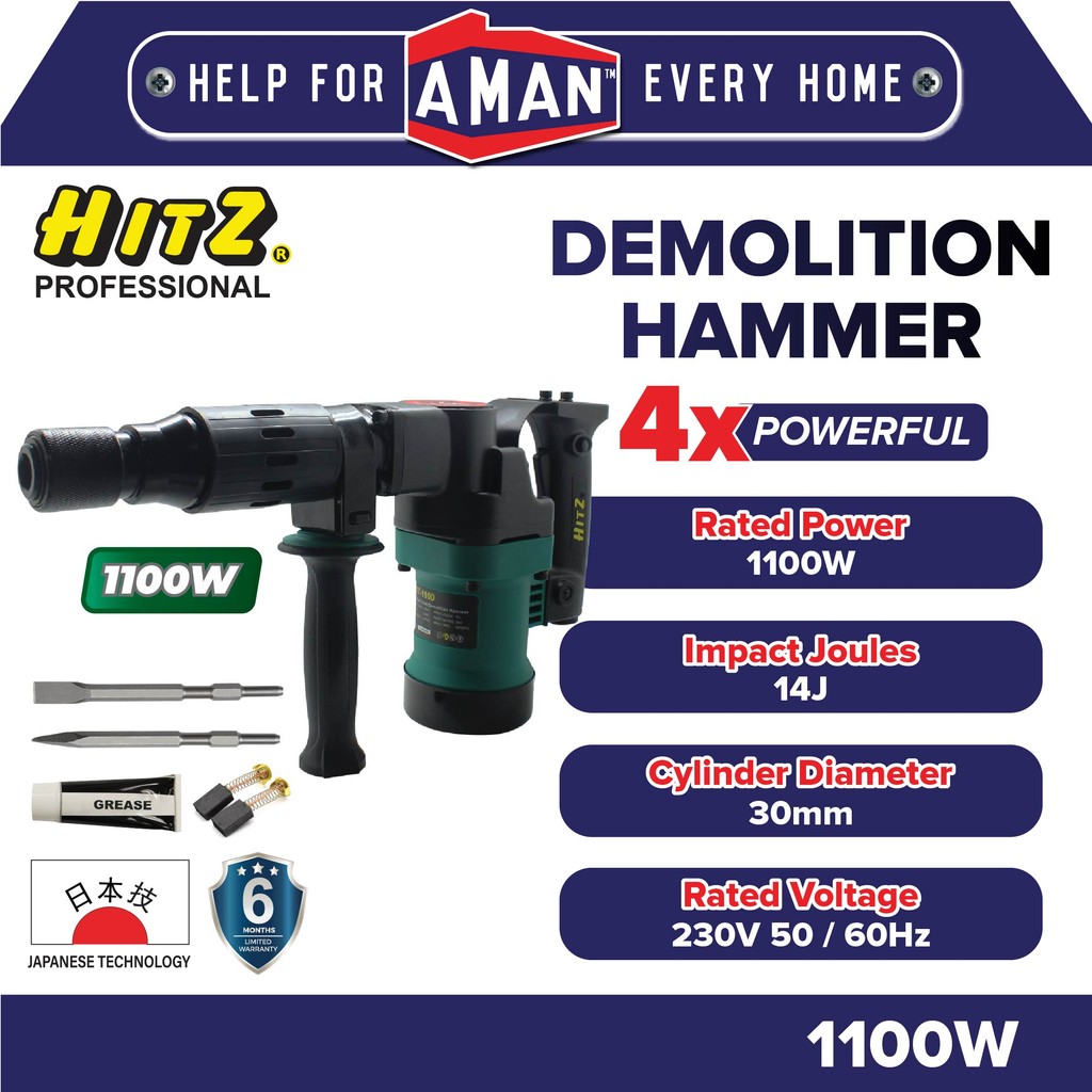 HITZ 1100W Hex Demolition Hammer Break Concrete Chisel Electric Hammer ...