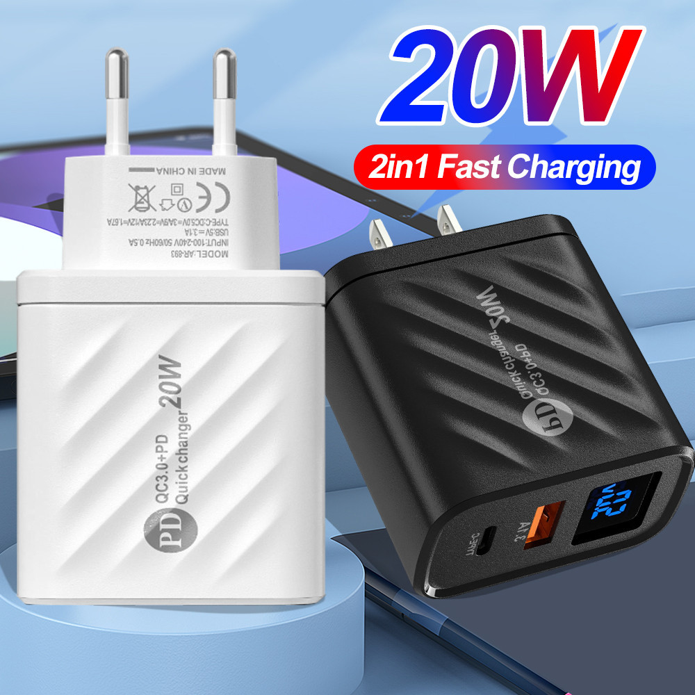 20W PD+QC3.0 Power Adapter - Digital Display Screen Charging Block - 2-Port Wall Charger With ...