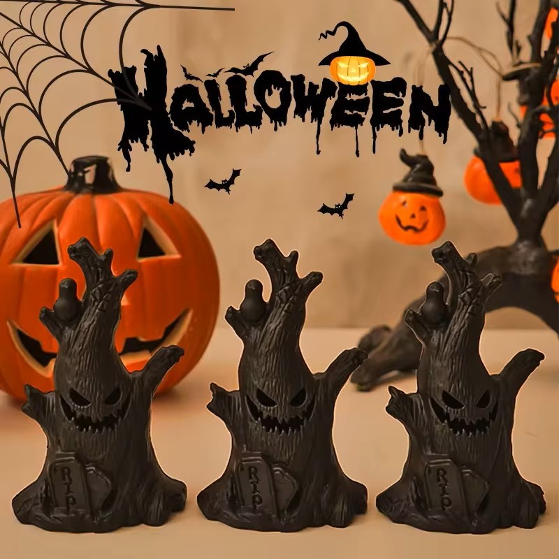 Halloween Tree Stump Lantern Pumpkin Led Lights Black Ghostface Lamp ...