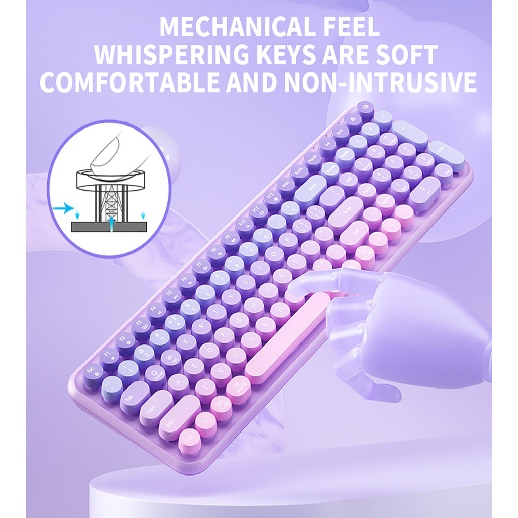 Pink Purple Ergonomic 2.4G Wireless Keyboard 106 Keys Retro Round ...