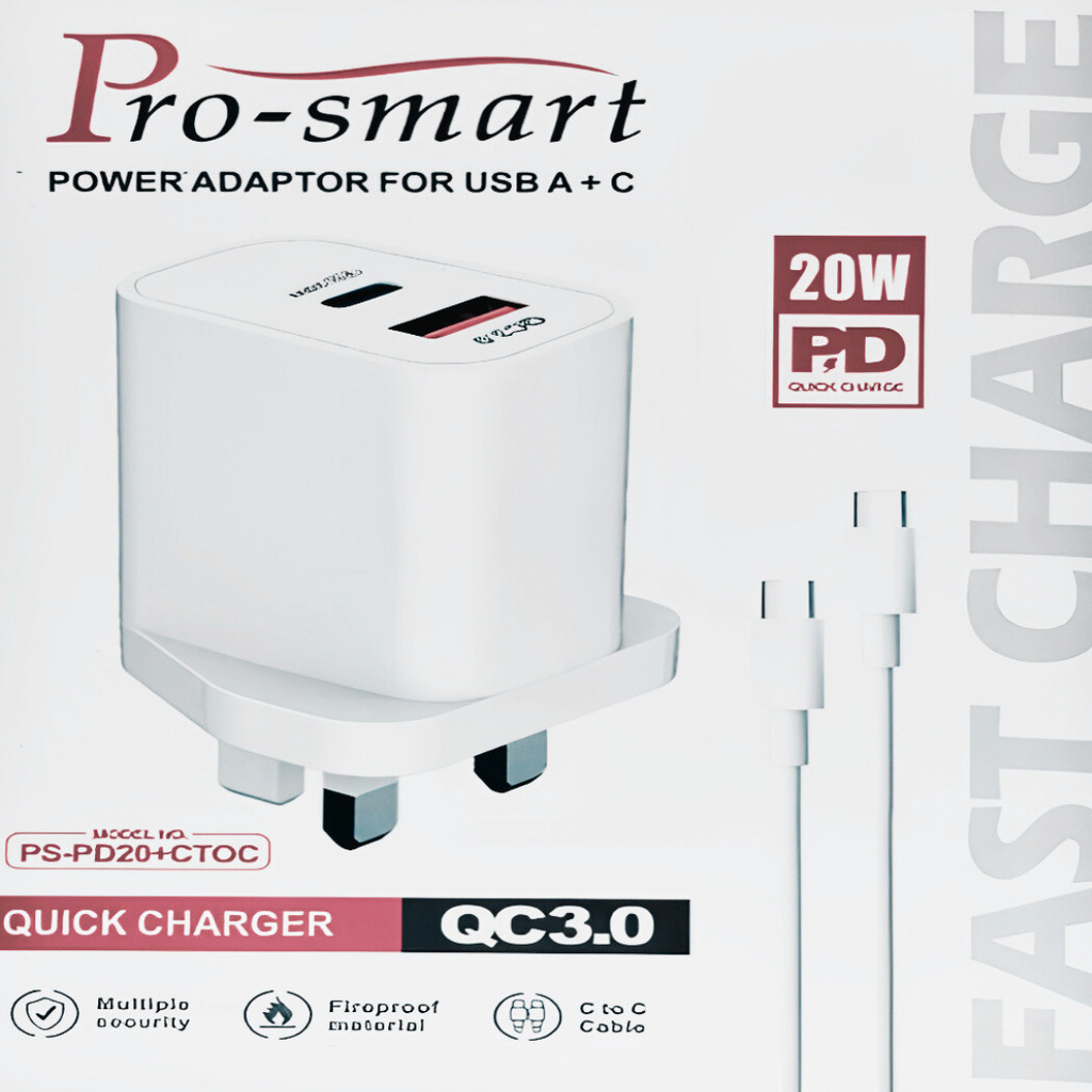 PRO-SMART 20W Dual Port QC 3.0 Fast Charger Power Adapter USB C Type-C ...