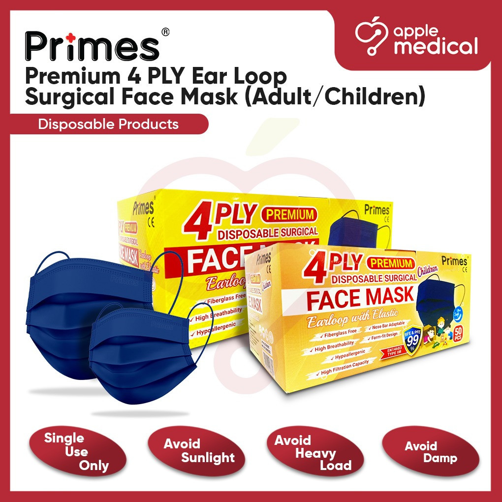 Primes Premium 4 PLY Ear Loop Surgical Face Mask (50pcs/box) | Shopee ...