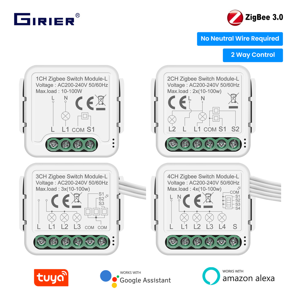 GIRIER Tuya ZigBee 3.0 Light Switch Module No Neutral Wire Required 1 2 3 4 Gang Smart Home DIY ...