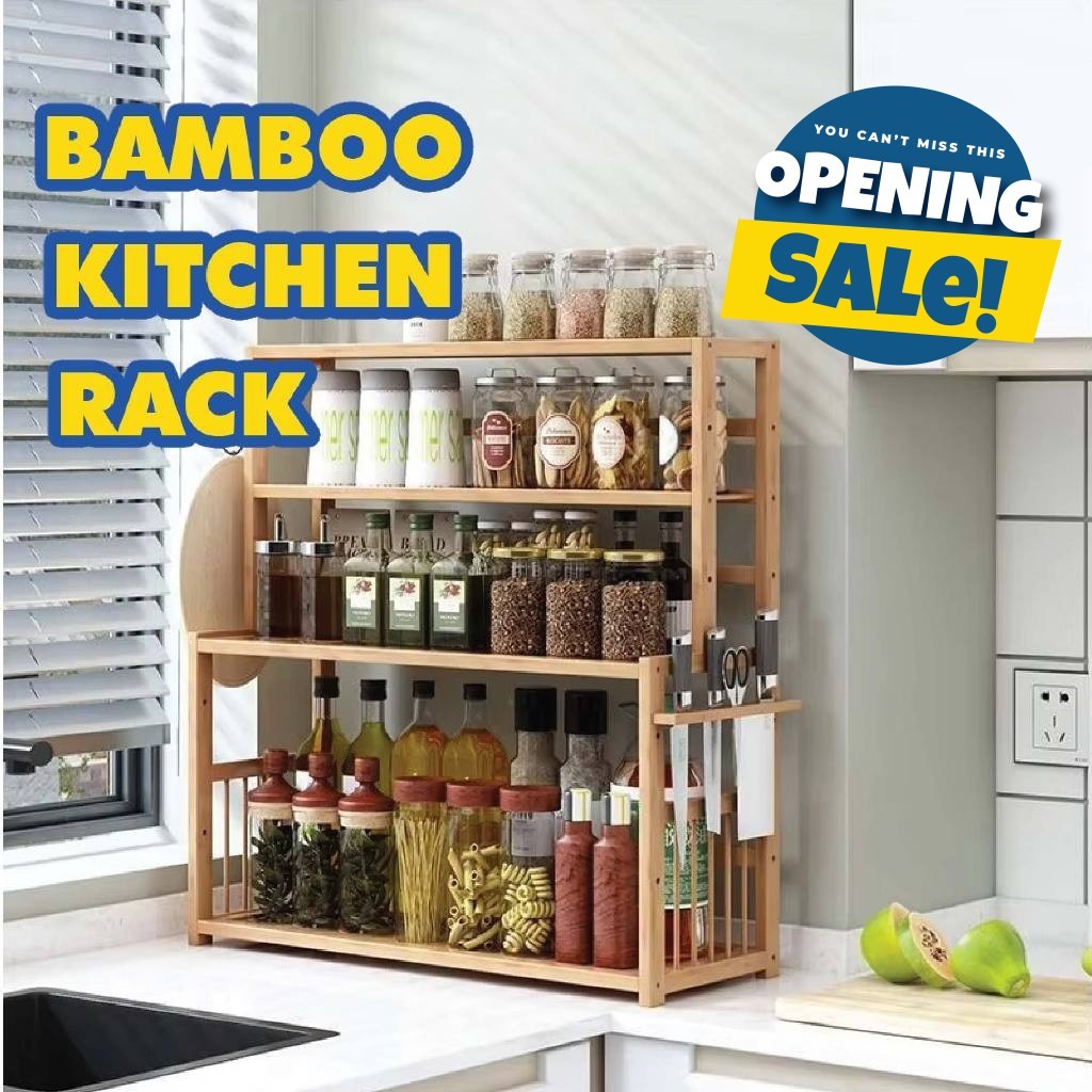 Kakideco Rak Dapur Kayu 2/3/4 Layers Bamboo Kitchen Rack Rak Rempah ...