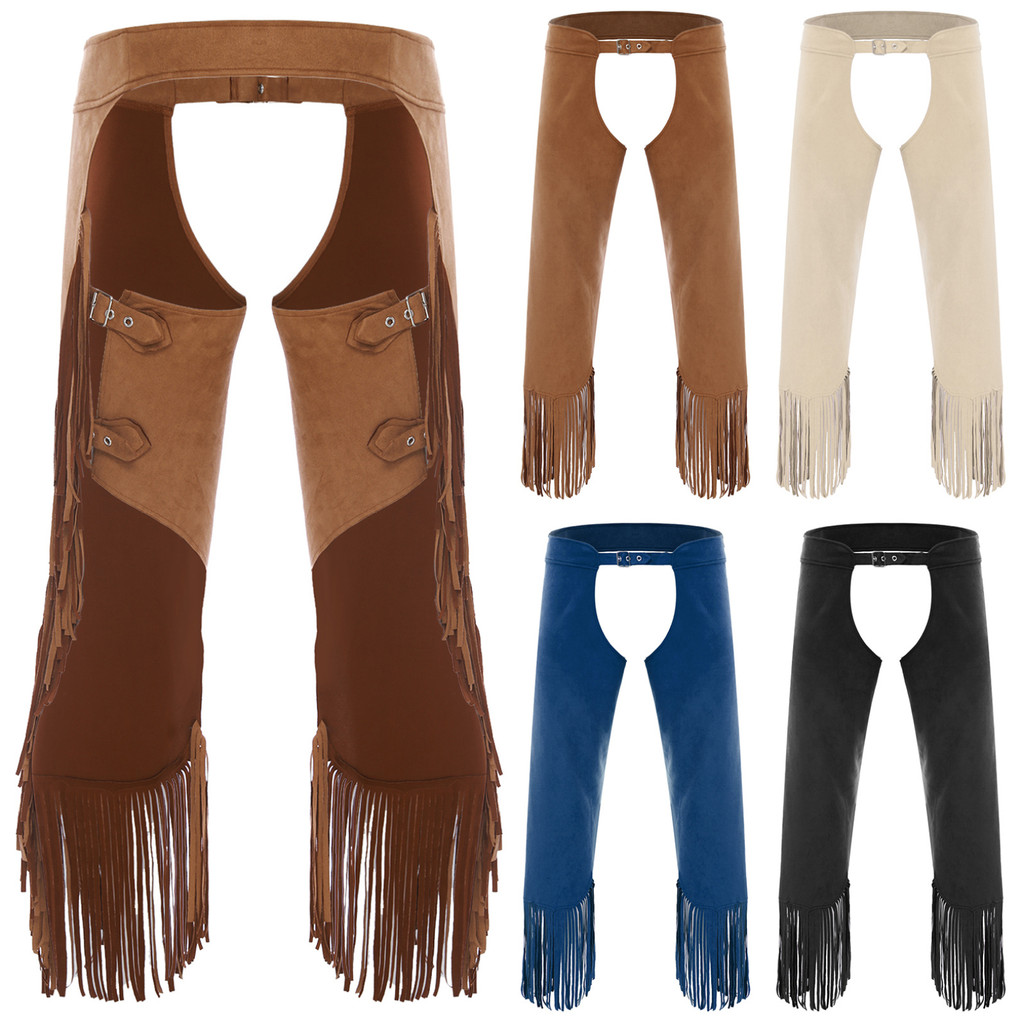 Oyolan Mens Faux Suede Leather Fringe Cowboy Chap Pants Western Cowboy ...