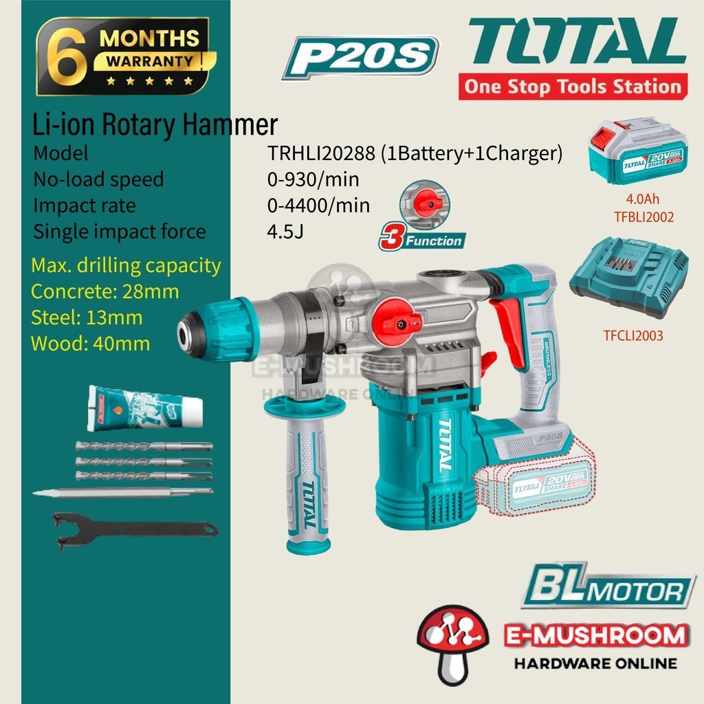 Total TRHLI20288 Li-ion Rotary Hammer Brushless Motor With SDS + Chuck ...