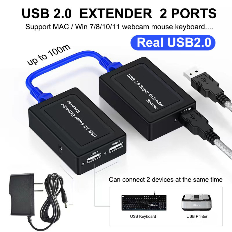 100M 2 Port USB 2.0 Network Cable Extender Via RJ45 Cat5e Cat6 Ethernet Cable for Mac Win7/8/10 ...