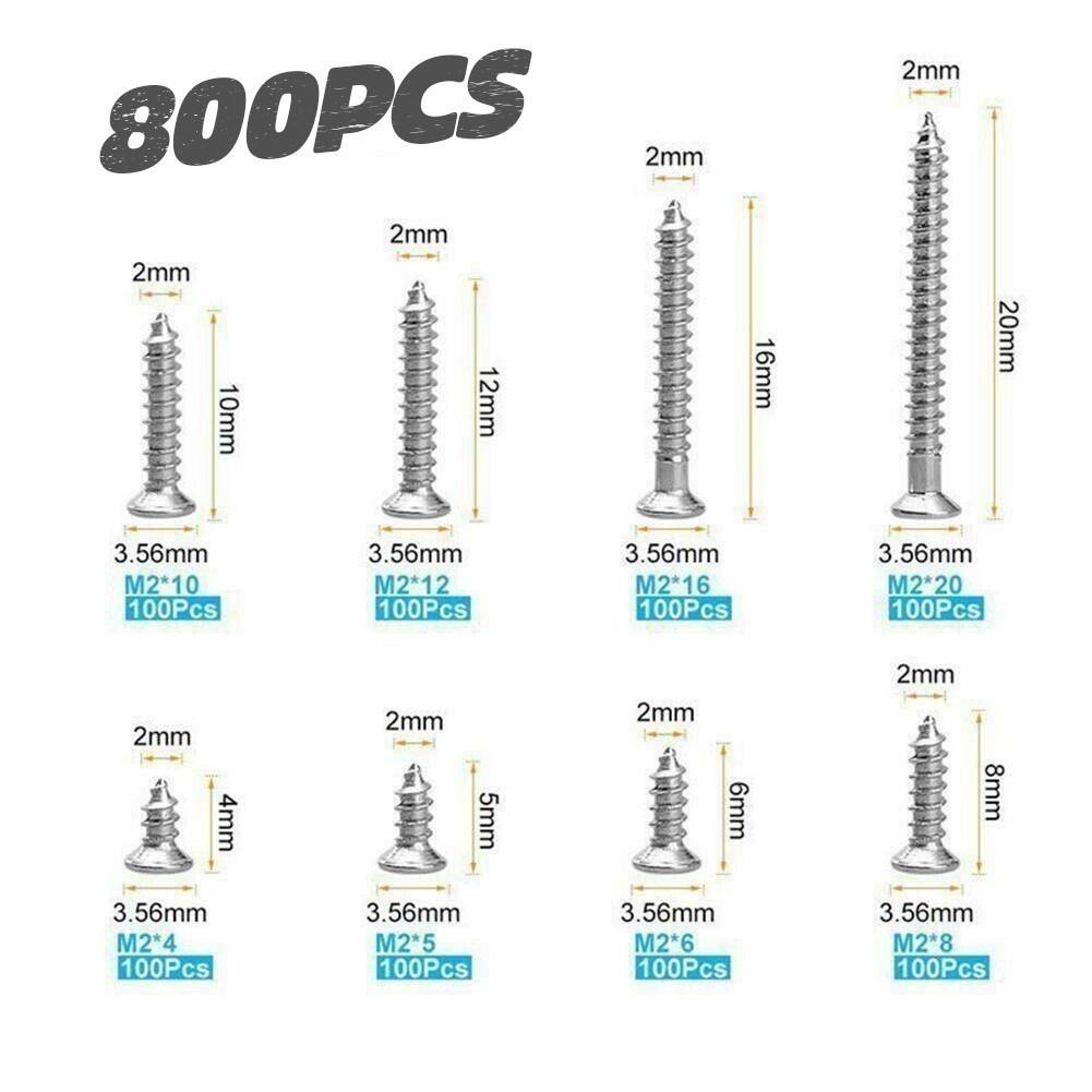 800Pc Drill Screw Skru Kayu Papan Syiling Meja Kerusi Kecil Countersunk ...