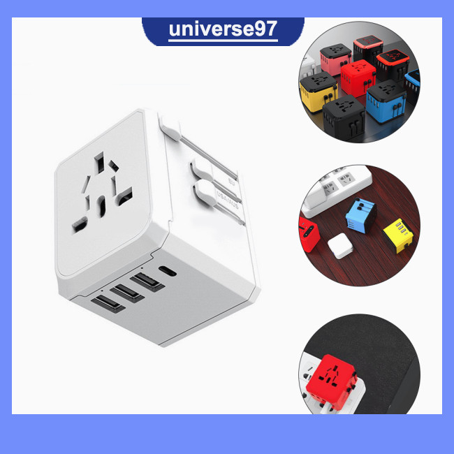 PING World Plug Adapter 3USB+TPYE-C Ports Powerful Wall Charger 5V-3.6A ...
