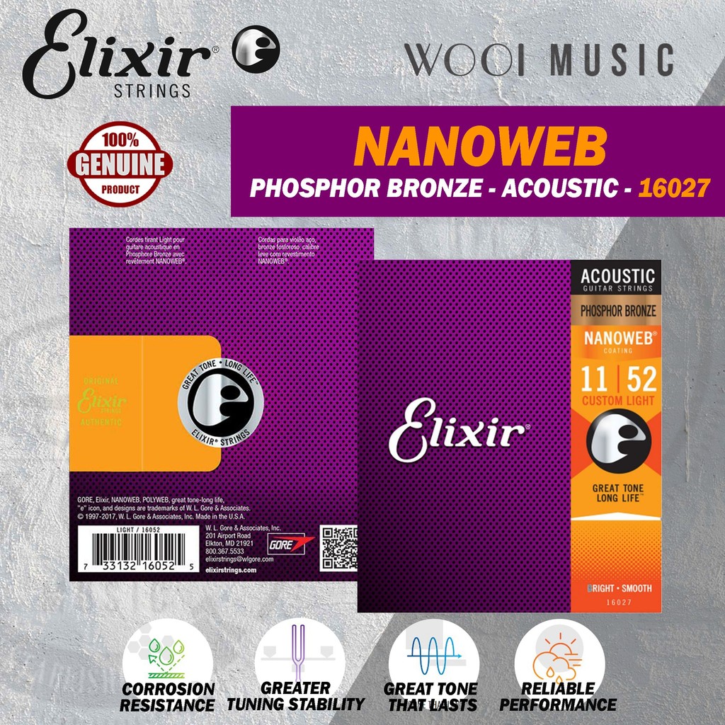 Elixir 16027 Custom Light Acoustic Guitar Strings Phosphor Bronze With ...