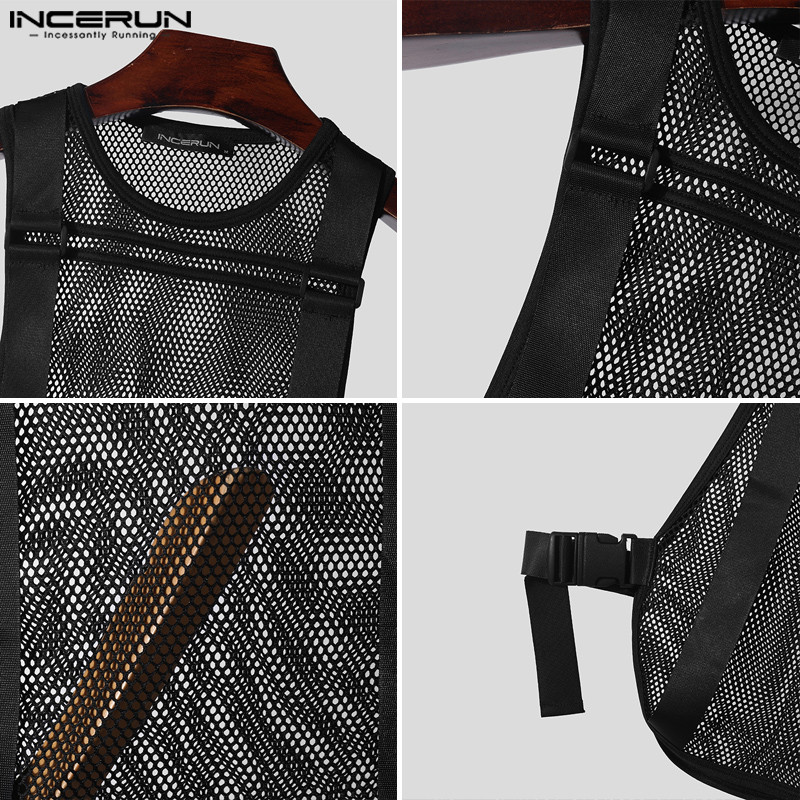 INCERUN Men Korean Casual Mesh Pattern Hollow Snap Adjustable ...