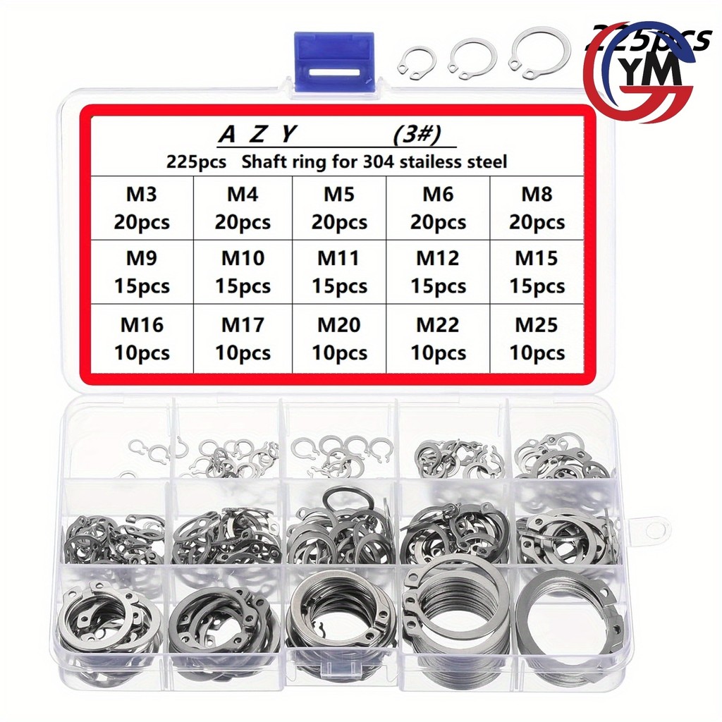 225 Pieces 304 Stainless Steel Shaft Elastic Retaining Ring 15 Sizes ...