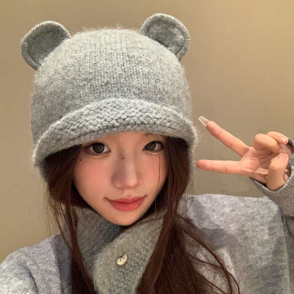 topi cute hat woman Telinga beruang kecil yang comel rajutan beanie ...