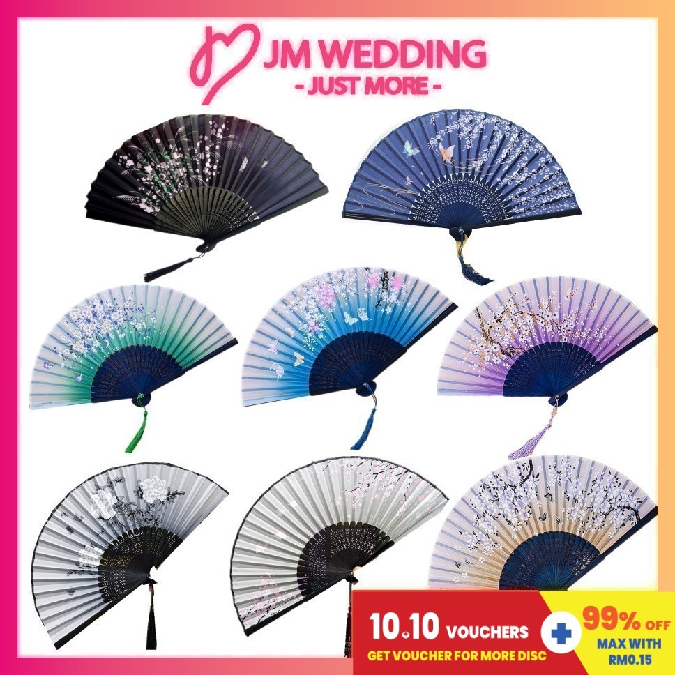 Elegant Floral Black Bamboo Hand Fan Kipas Tangan Lipat Buluh Corak ...
