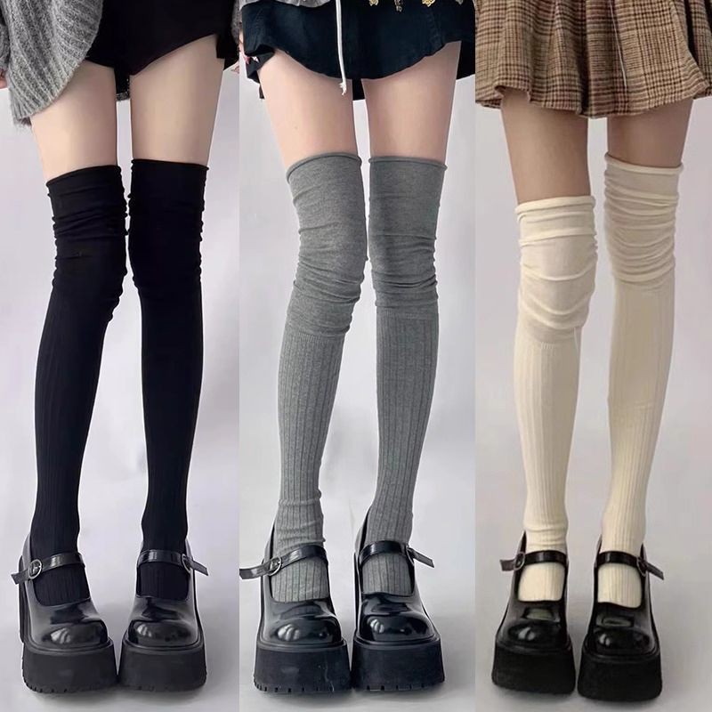 Spring and Autumn Stitching Bunching Socks Knee High over-the-Knee ...