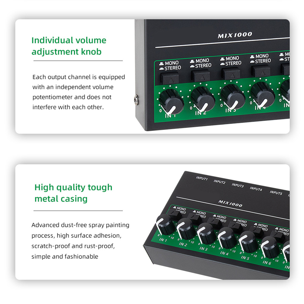 10 Channel Mini Sound Mixer USB 5V Power Stereo Ultra Low Noise Line ...