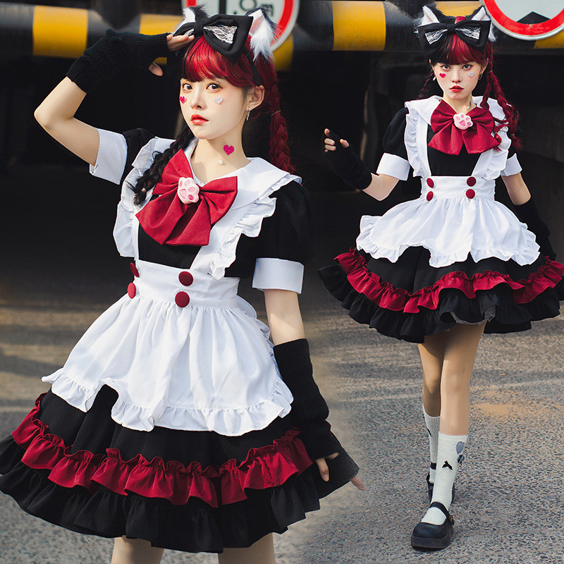 Halloween Black Red Maid Costume Gothic Style Dark Style College Lolita ...
