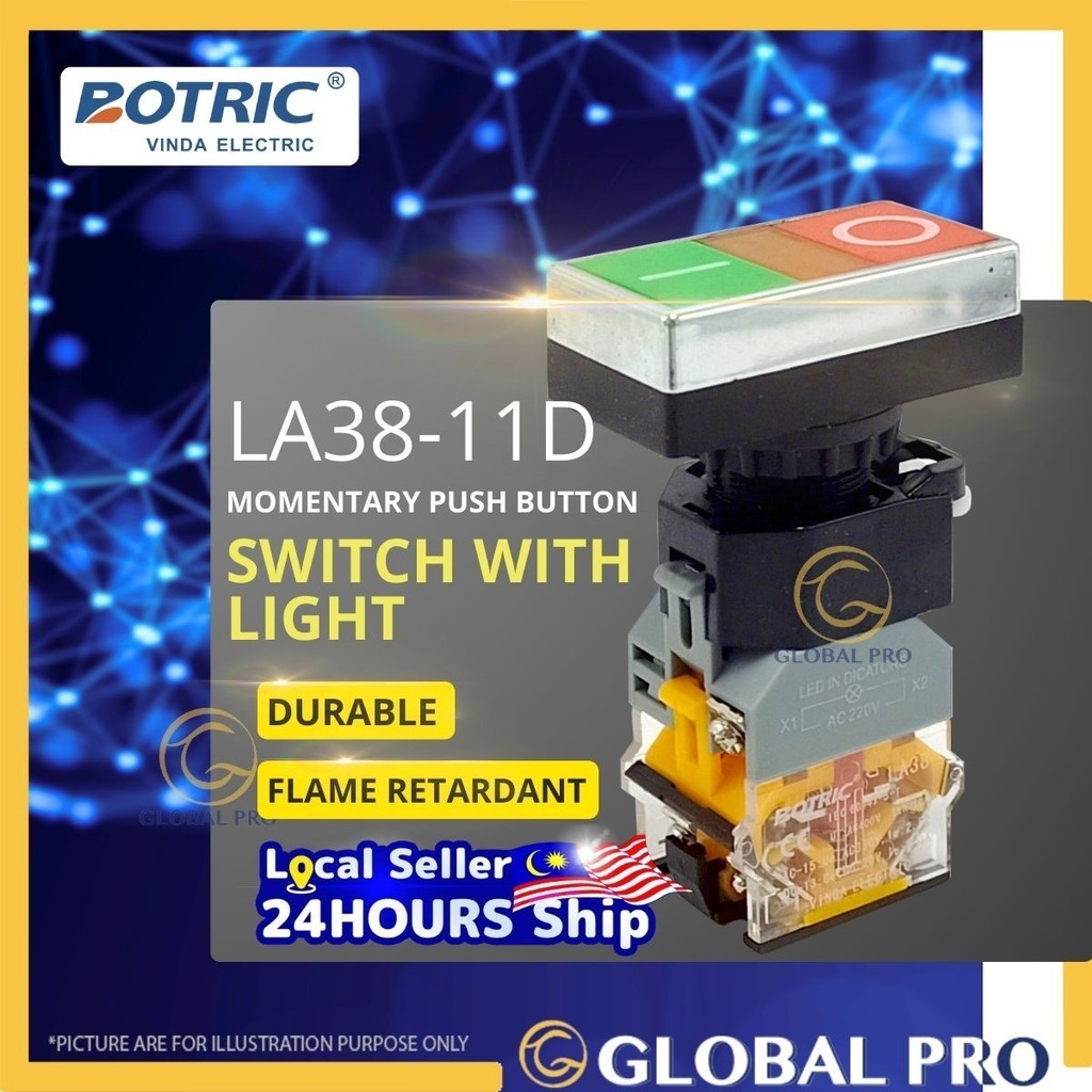 BOTRIC WLA-38-11SD 22MM Square Push Button 220V AC ON/OFF Start Stop ...