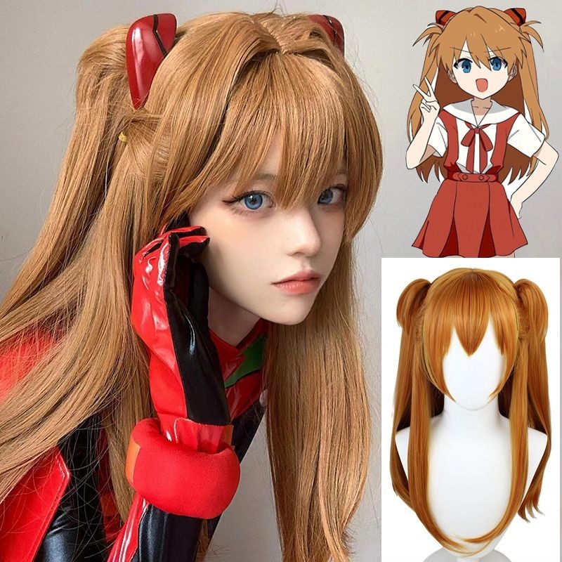 Eva Evangelion Asuka cos Wig Double Ponytail Broken Bangs Long Straight ...