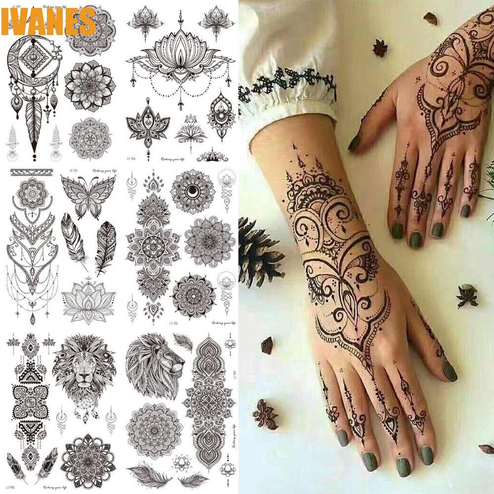 IVANES Henna Tattoo Hand Brown Mehndi Stickers Lion Legs Arm Waterproof ...