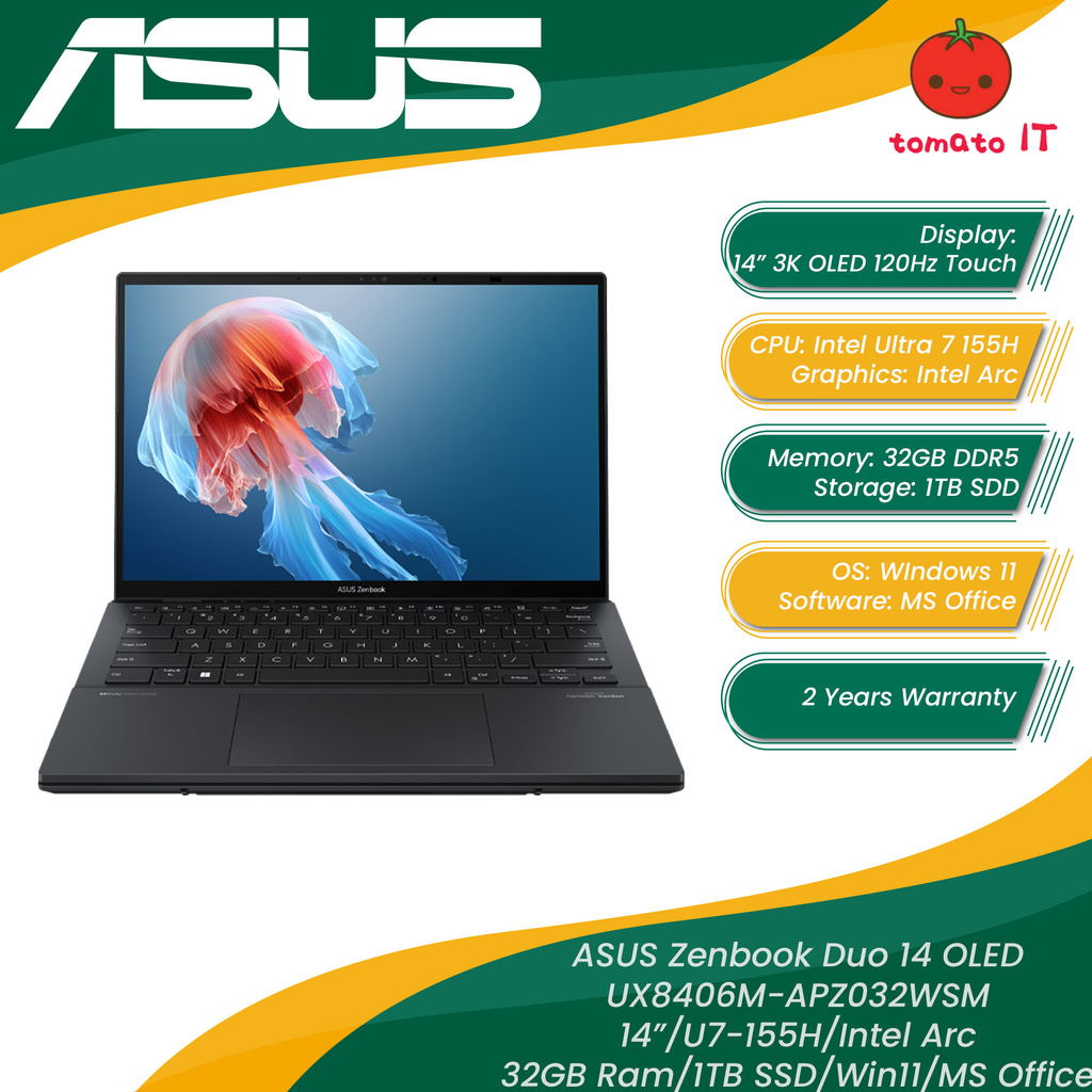 ASUS Zenbook Duo 14 UX8406M-APZ032WSM Laptop - 14" 3K OLED/U7-155H/32GB ...