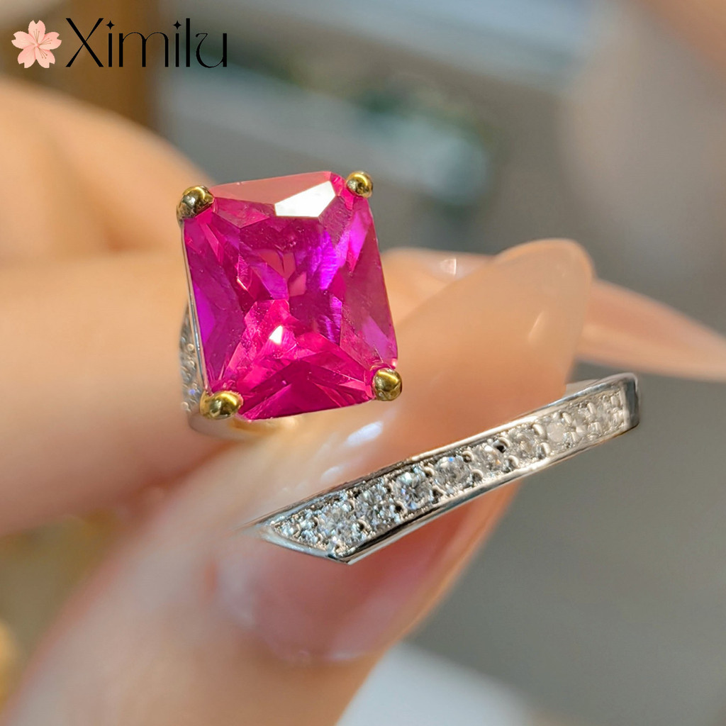 Original Temperament Luxury Rose Red Crystal Ring Design Square Diamond ...