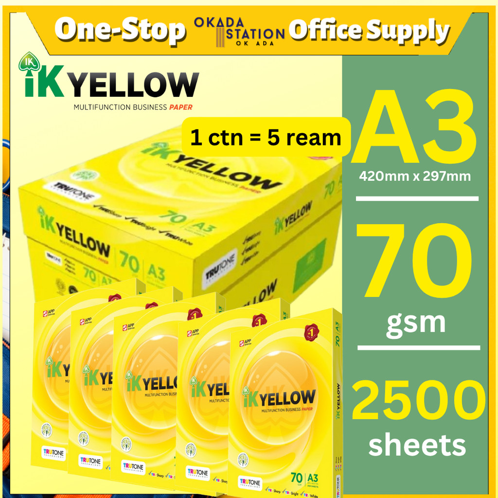 A3 70GMS IK YELLOW PAPER- 2500'S / 1 carton 5 Ream INDAH KIAT / Kertas ...