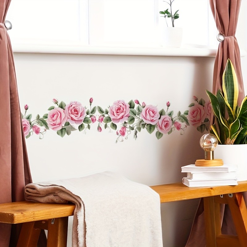 1pc Romantic Pink Rose Flower Wall Stickers - Rustic Patterned ...