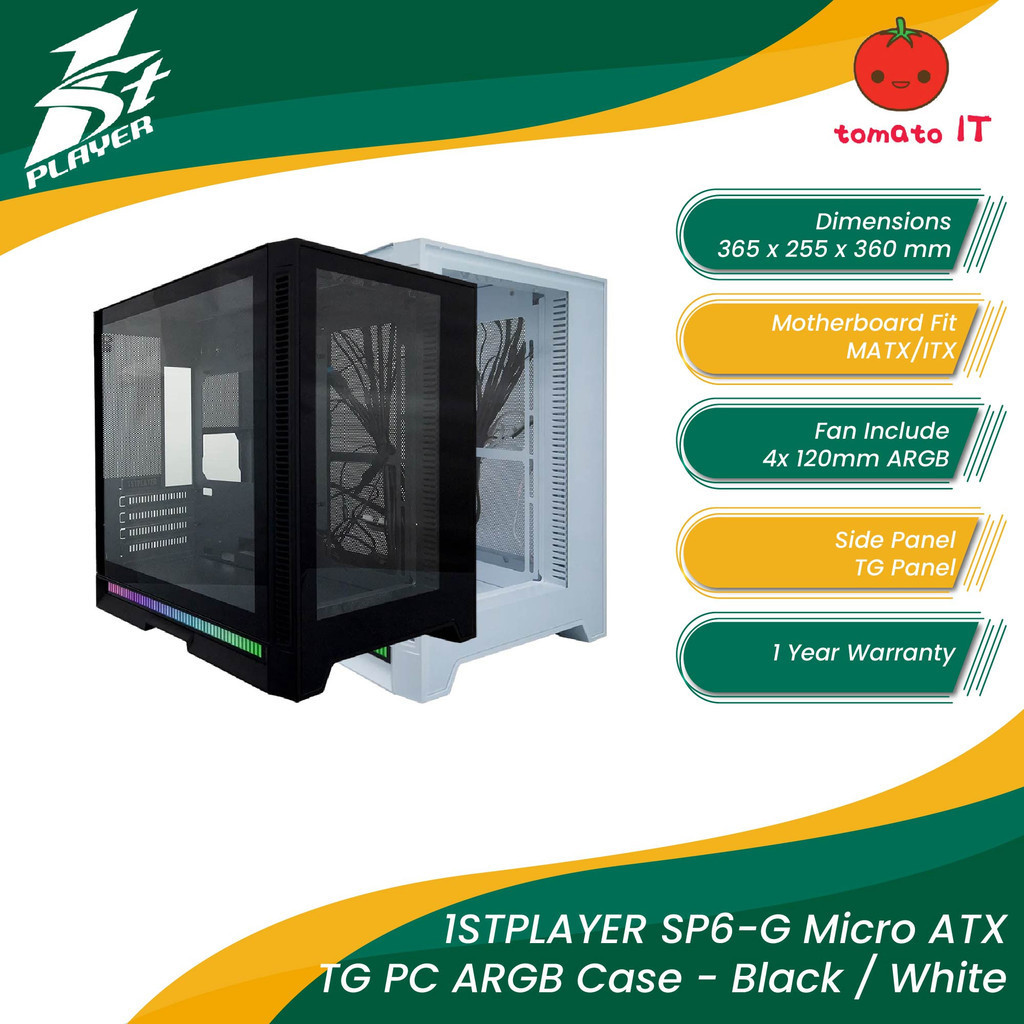 1STPLAYER SP6-G Micro-ATX TG 4x 120mm ARGB Fans PC Case - Black | White ...