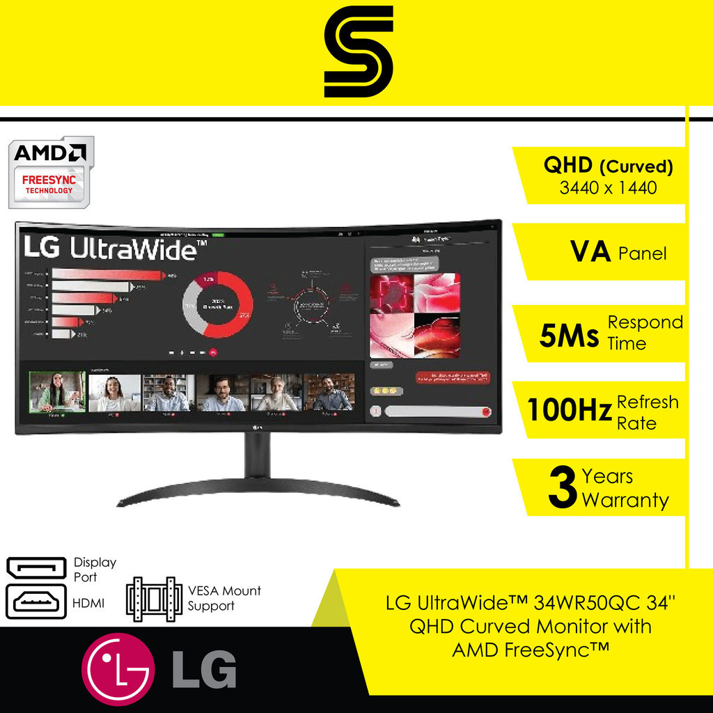 LG 34WR50QC 34'' 21:9 Curved UltraWide™ QHD (3440x1440) Monitor with ...
