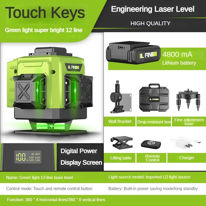 4D 12/16 Line Green Light Laser Level 360° Horizontal Vertical Cross ...