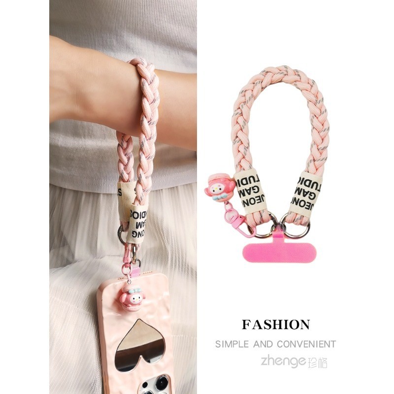 Mobile phone hanging rope with three strands of ponytail braided wrist ...
