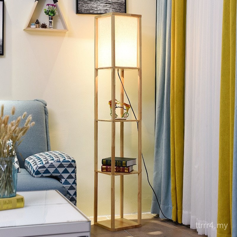 Lampu lantai rak Nordik, kain kayu pepejal, bilik tidur, kayu kreatif ...