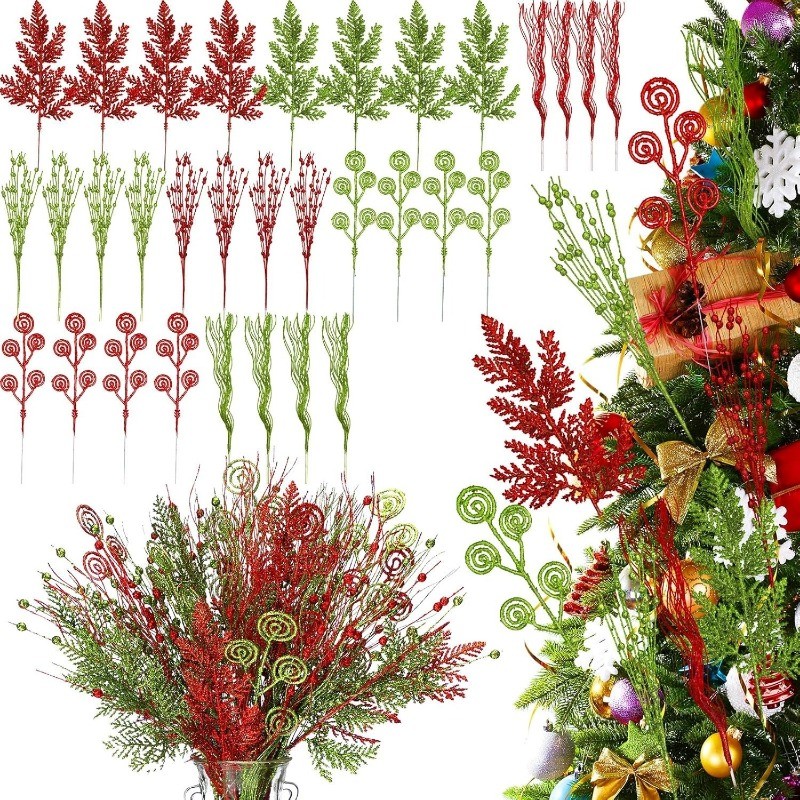 Glitter Christmas Tree Artificial Picks Set Red Green Glitter Berry ...
