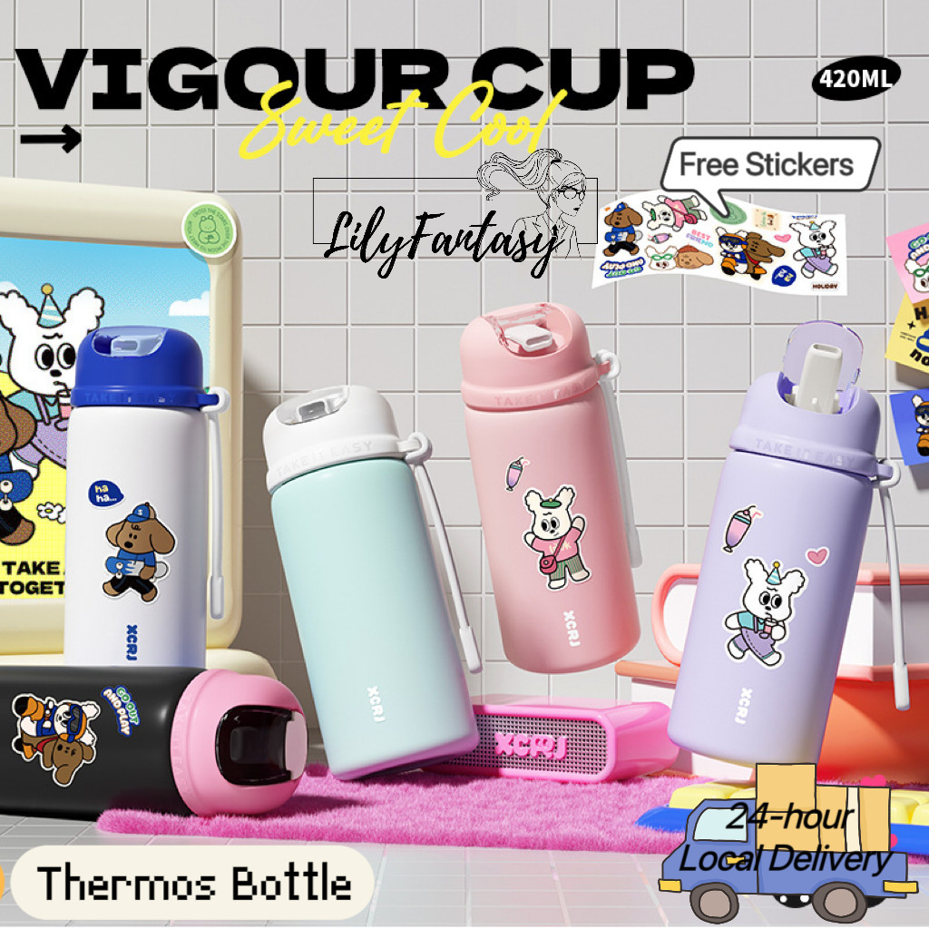 420ml 304 Stainless Steel Thermos Bottle Flask With Straw Water Bottle Cup Cute DIY Free Sticker ...