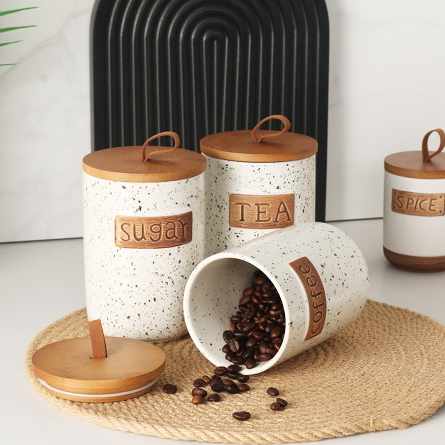 Retro Ceramic Storage Jar Tea Coffee Jars Wooden Lid Sealed Can ...