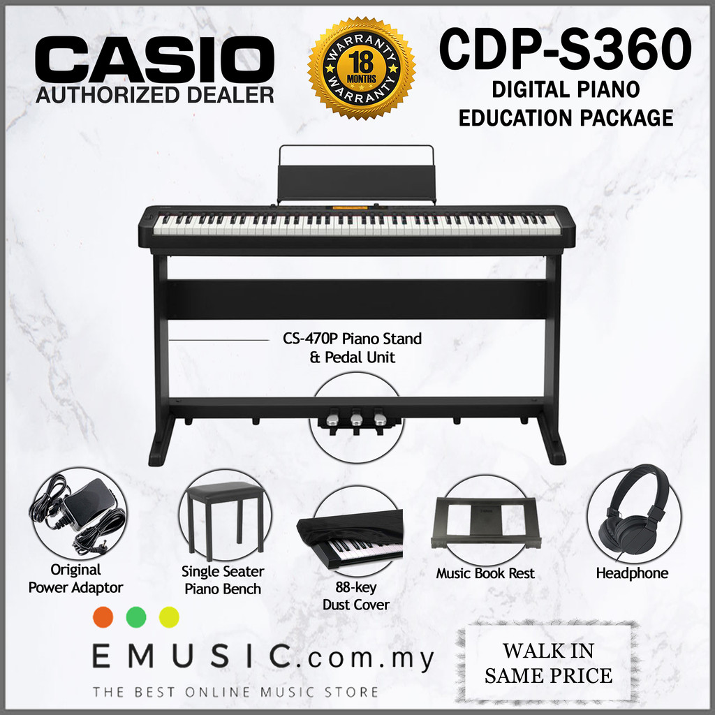 Casio CDP-S360 88 Key Digital Piano Education Package With Headphone, Bench, Stand, Dust Cover ...