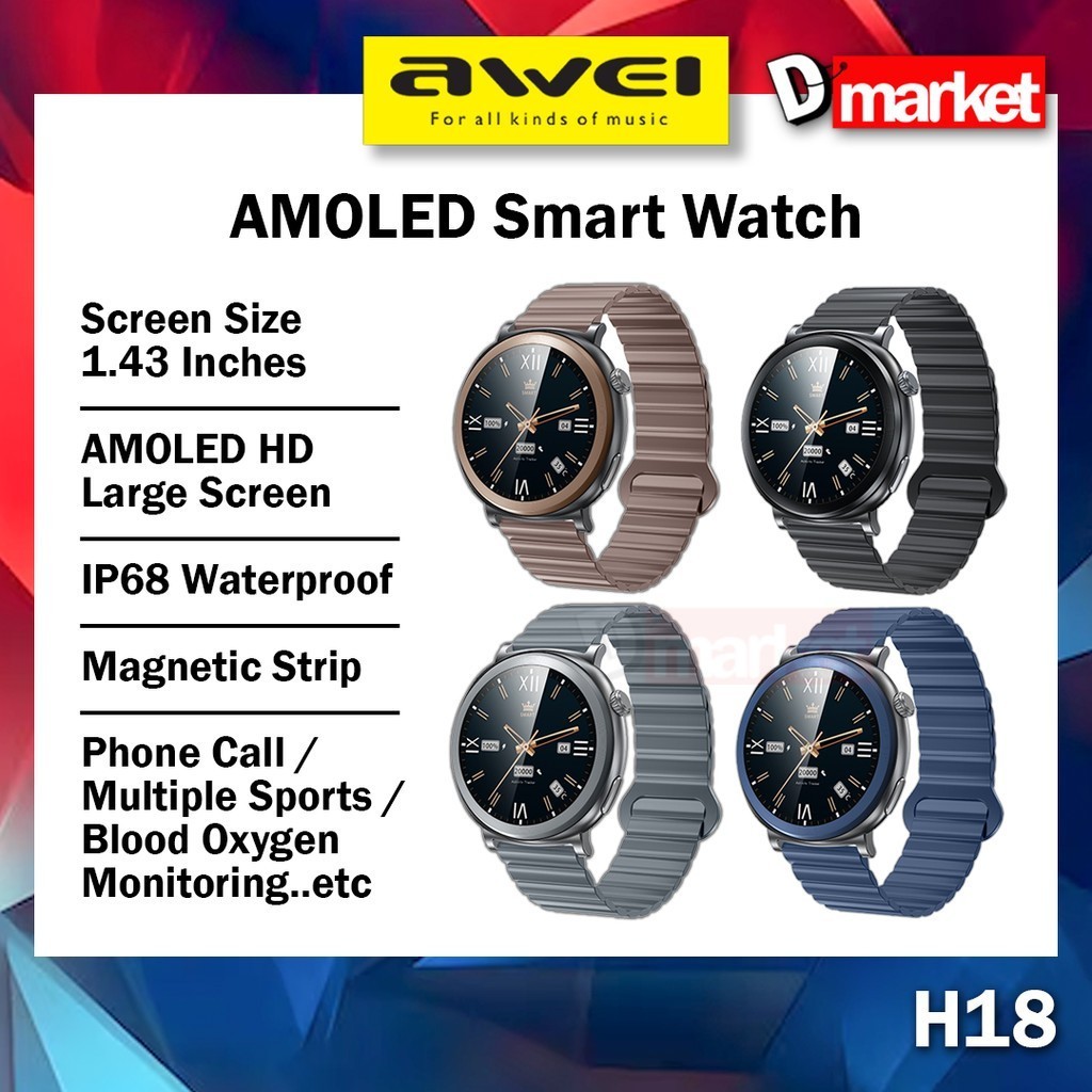 Awei H18 Smart Watch AMOLED HD Screen Display Health Bluetooth Call ...
