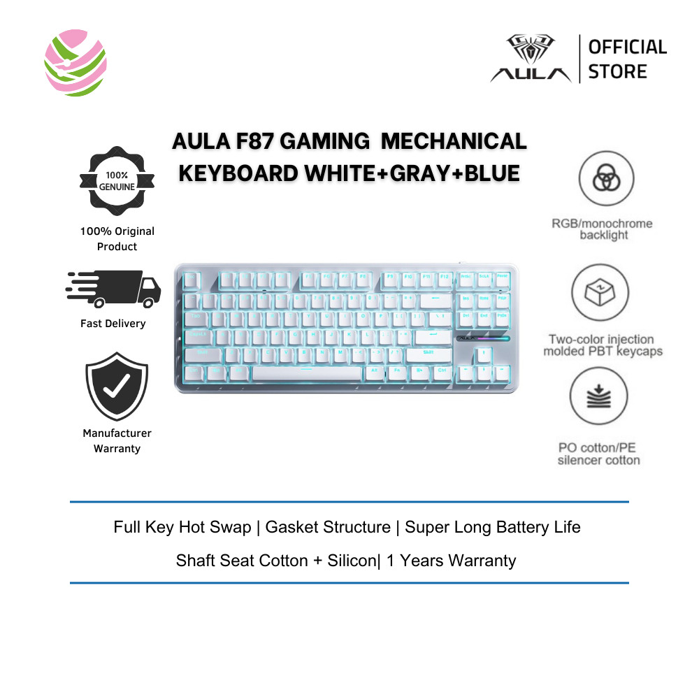 AULA F87 Gaming Mechanical keyboard 2.4G/BT/Type-C 87Keys (White+Gray ...
