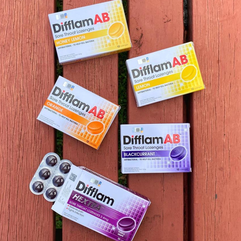 DIFFLAM AB SORE THROAT LOZENGES ORANGE /BLACKCURRANT /LEMON /HEXTRA ...