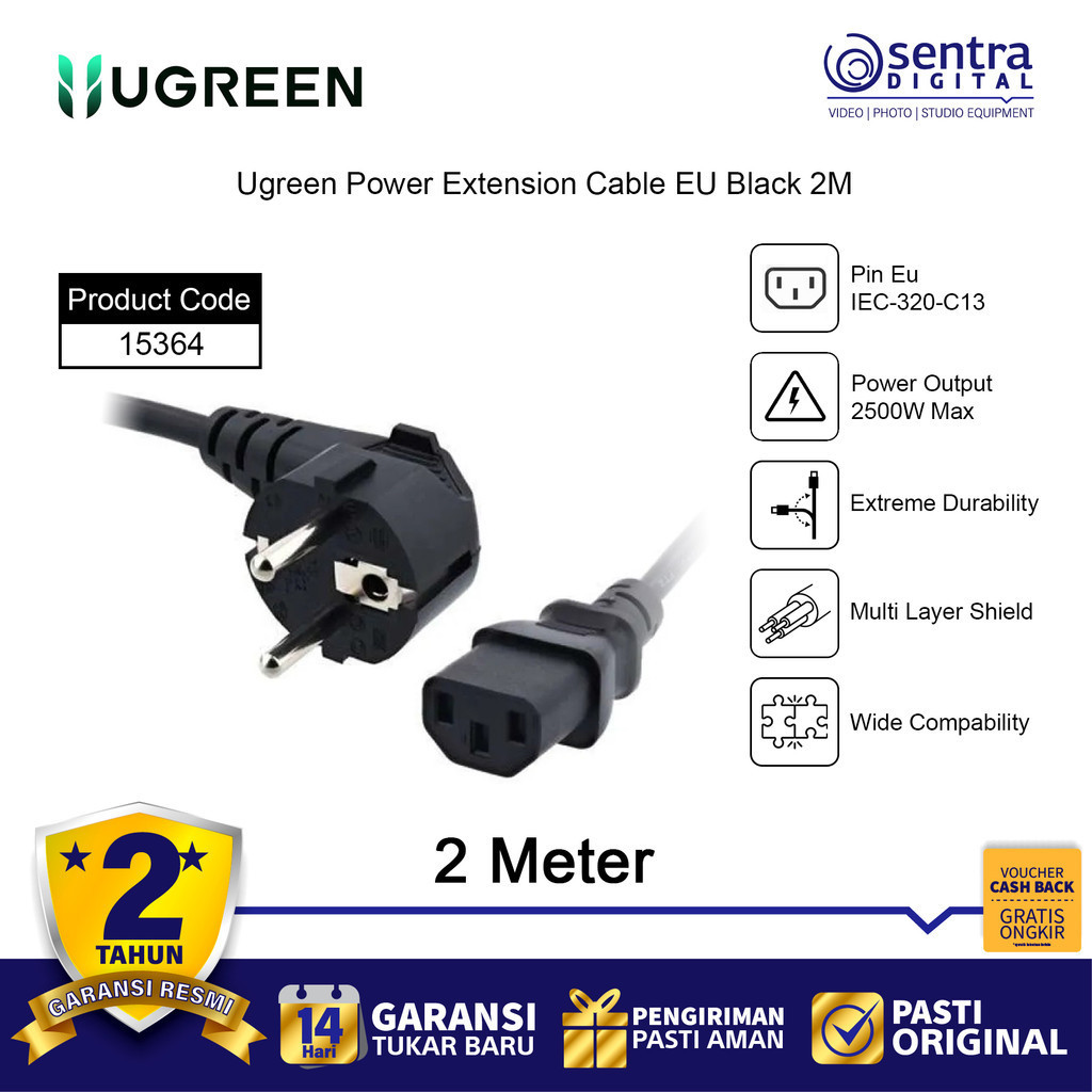 Ugreen Power Cord EU with 3 Pin Female Plug for PC CPU PC UPS Printer Computer Cable 2 Meters ...