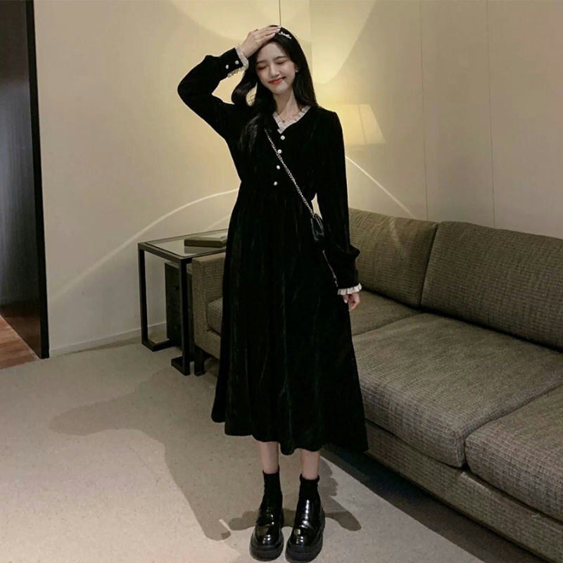 Long Dresses New French Hepburn Dresses Elegant Black Bottom Dresses ...