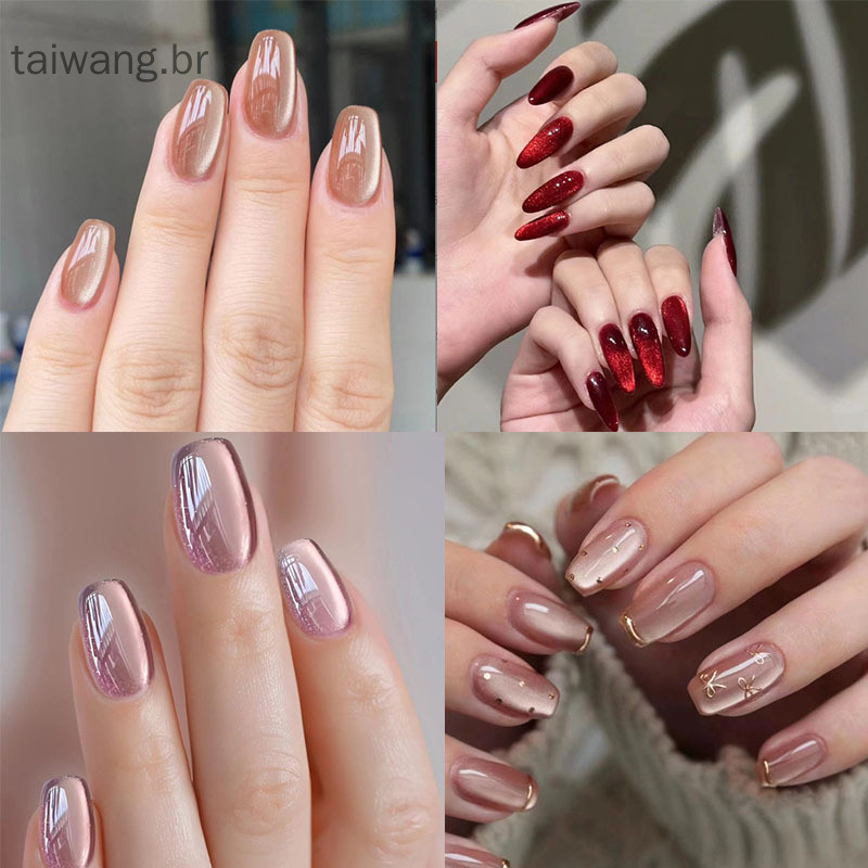 Cats Eye Fake Nails with Glue Solid Color Press on Nails Artificial ...