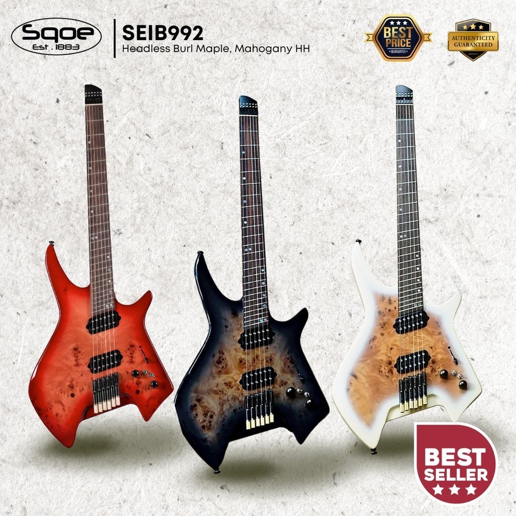 SQOE SEIB992 Headless Burl Maple, Mahogany HH Electric Guitar ( SEIB-992 / SE-IE992 / SEIE ...
