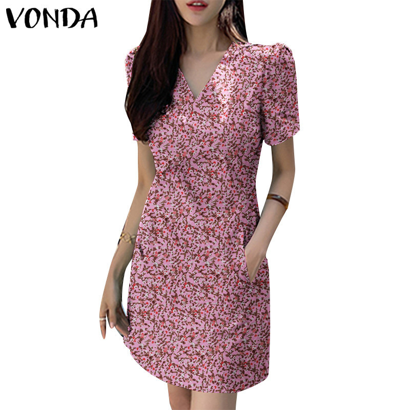 VONDA Women Korean Casual V-Necked Short Sleeve Floral H-Line Dresses ...
