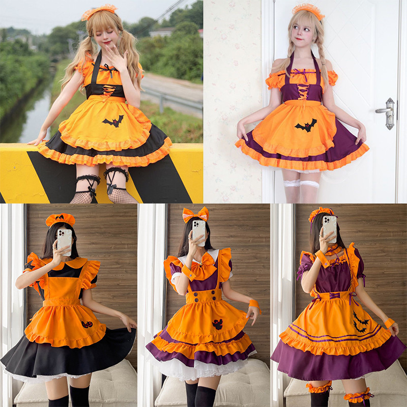 Halloween Cosplay Orange Maid Dress Up Embroidery Bat Pumpkin Short ...