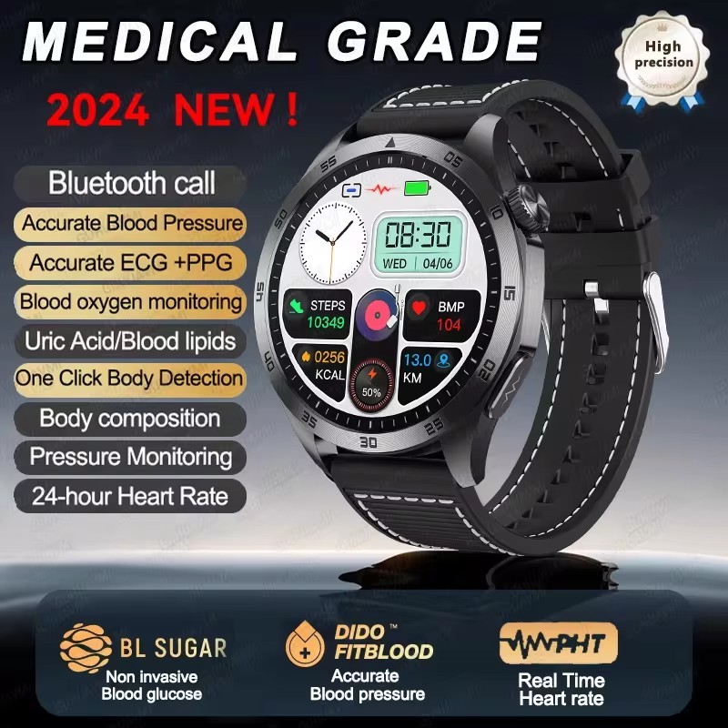 2024 New Blood Lipids Uric Acid Blood Glucose Smart Watch HD AMOLED Screen Men ECG+PPG Bluetooth ...