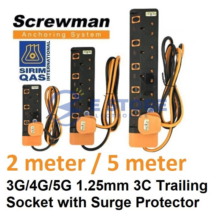 Screwman 13A Heavy Duty Trailing Socket Extension Socket 2 Meter / 5 ...