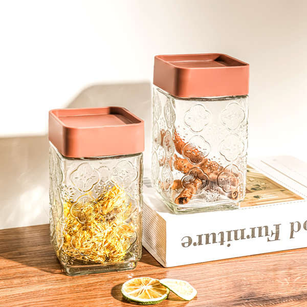 food container bekas rempah Tangki tertutup kaca persegi, bijirin gred ...